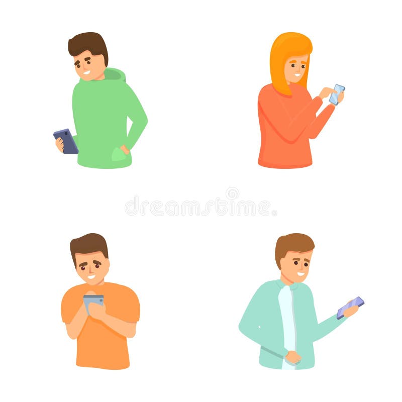 Phone User Icons Set Cartoon Vector. People Talking and Typing on ...