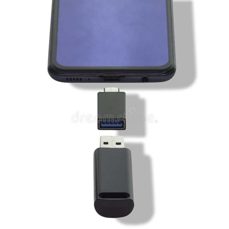 Phone on a White Background Data Transfer Via a Universal USB Flash ...