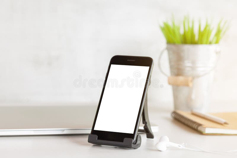 Phone White Blank Screen on Work Desk Stock Image - Image of modern ...