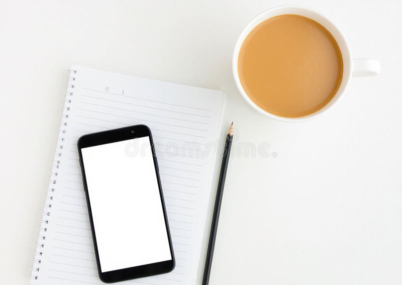 Phone with White Screen on Table with Notepad and Pencil with Coffee ...