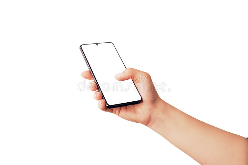 Phone in Woman Hand with Thumb on Isolated Screen Stock Image - Image ...