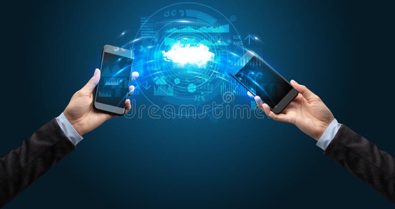 Phones Syncing through the Cloud Stock Photo - Image of icon, close ...