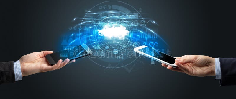 Phones Syncing through the Cloud Stock Photo - Image of exchange ...