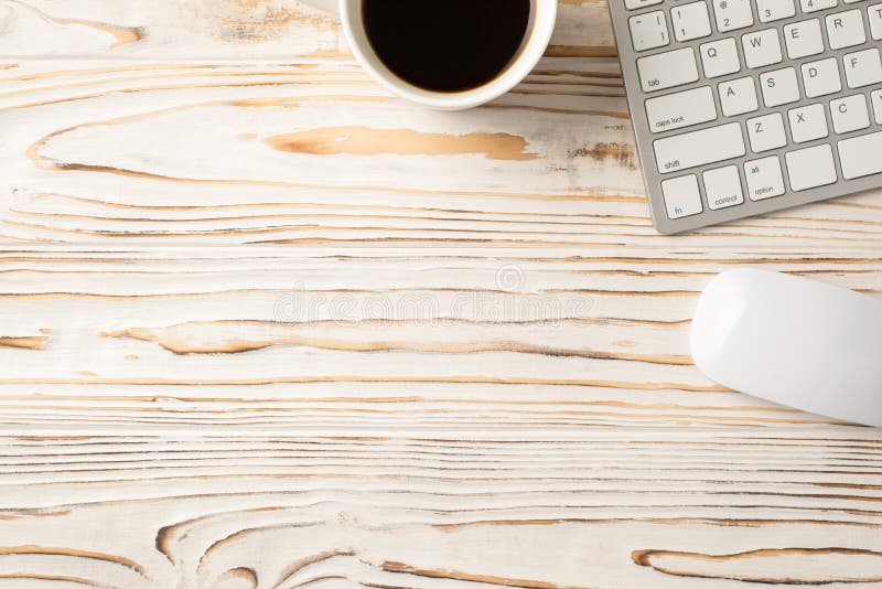 Photo Above of Keyboard Computer Mouse and Cup of Coffee on the Wood ...