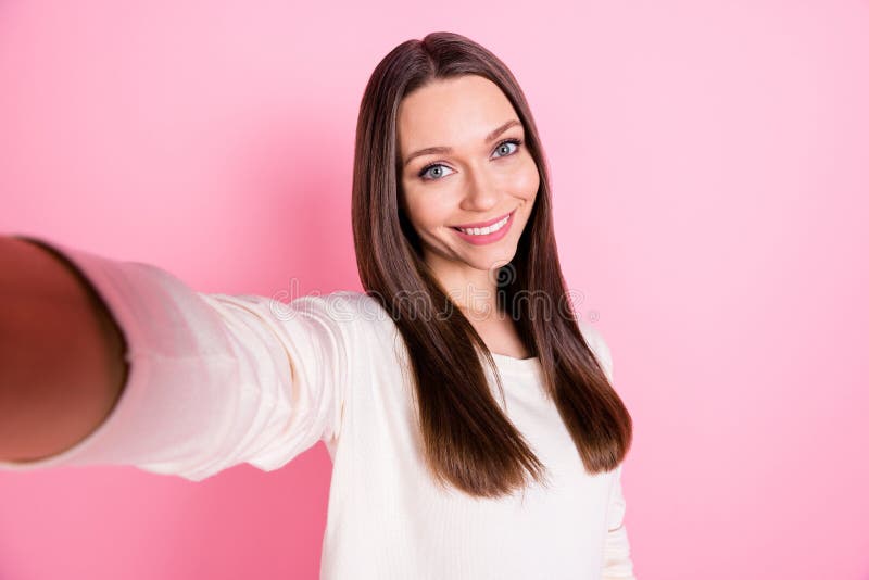 Photo Of Adorable Shiny Schoolgirl Dressed Pink T Shirt Standing Arm