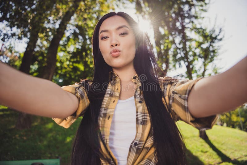 Photo Of Adorable Flirty Young Woman Dressed Plaid Shirt Walking