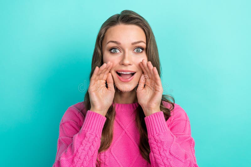 Photo Of Adorable Impressed Lady Dressed Knitted Pullover Arms Mouth