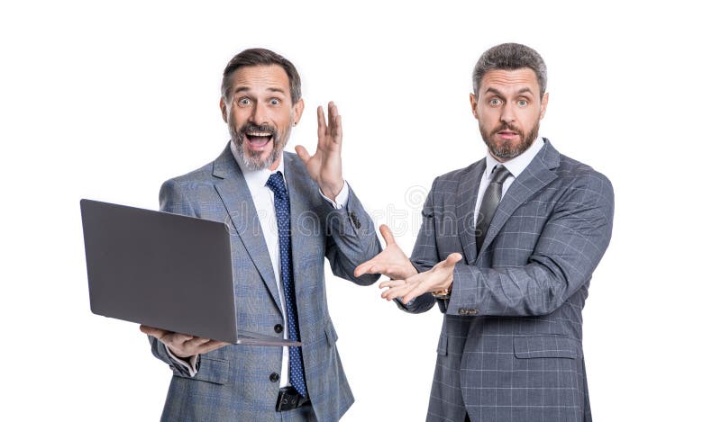 Photo of Amazed Businessmen Freelancer with Laptop. Two Businessmen ...