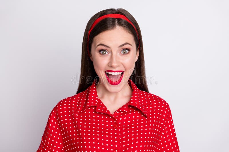 Photo Of Amazed Funny Lady Open Mouth Look Camera Wear Red Dotted