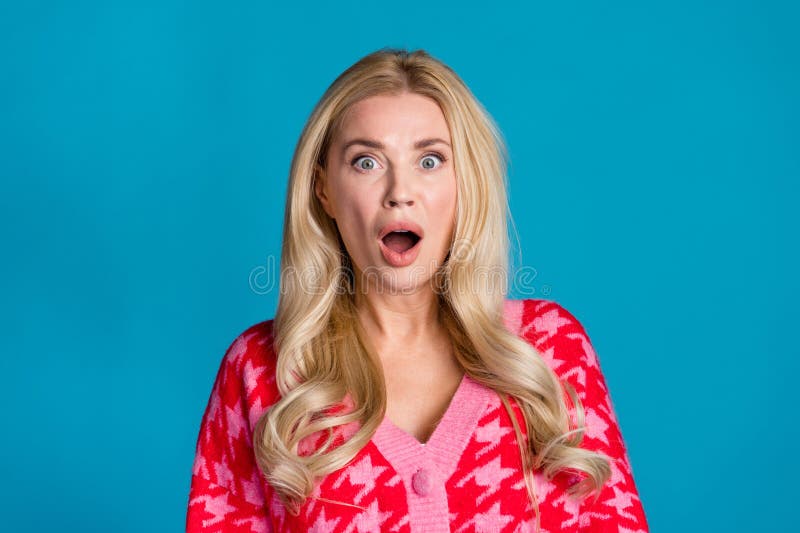 Photo Of Astonished Funny Woman With Wavy Hairstyle Wear Print Knit