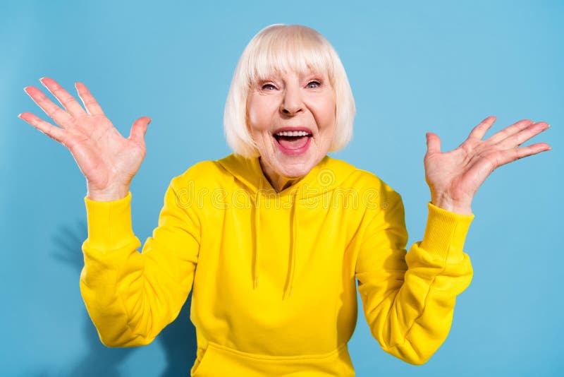 Photo Of Hooray Funny Short Hairdo Old Lady Hands Fists Wear Blouse