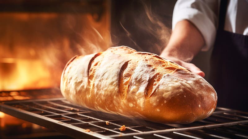Photo of Baker Showcasing Hot Fresh White Bread from Oven in Rustic ...