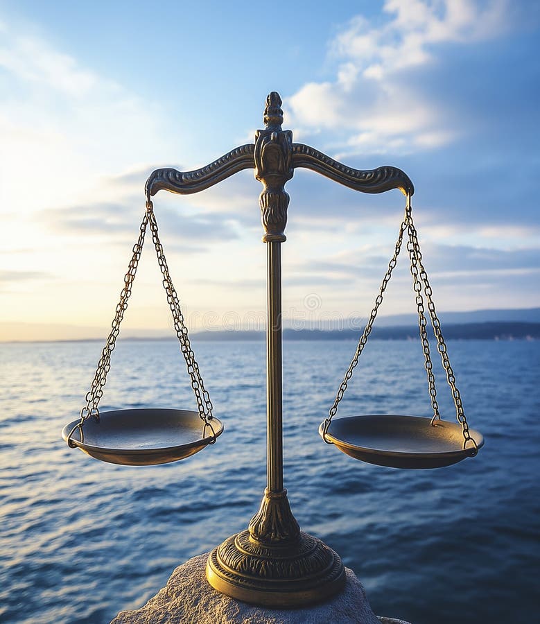 Photo of Balance Scale Against Serene Ocean Backdrop, Symbolizing ...