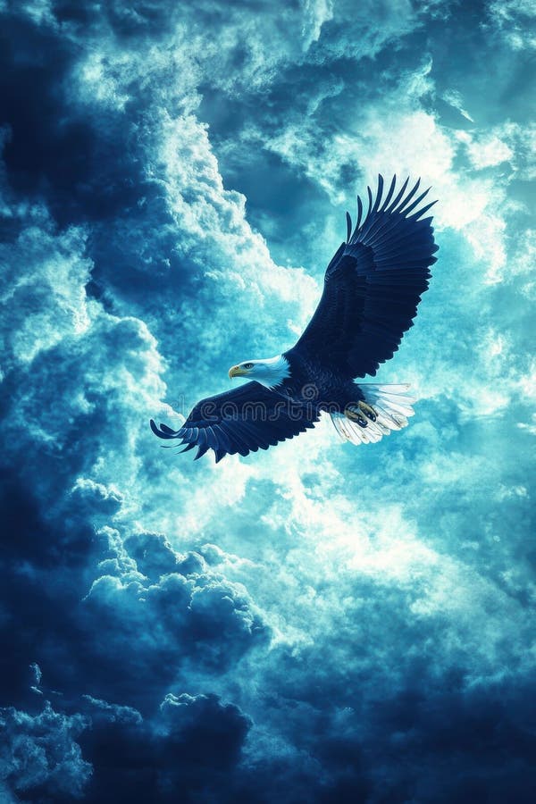 Majestic Eagle Soaring through Dramatic Clouds at Twilight, Showcasing ...