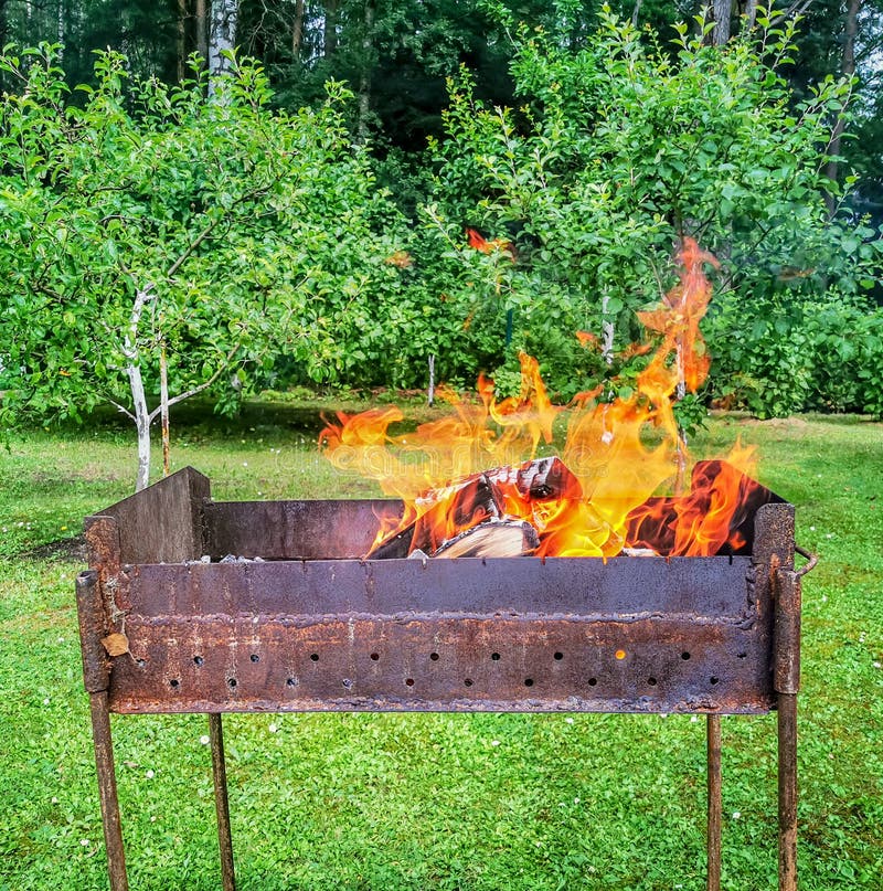 A Photo of a Barbecue in the Backyard with a Large Flame of Fire Rising ...