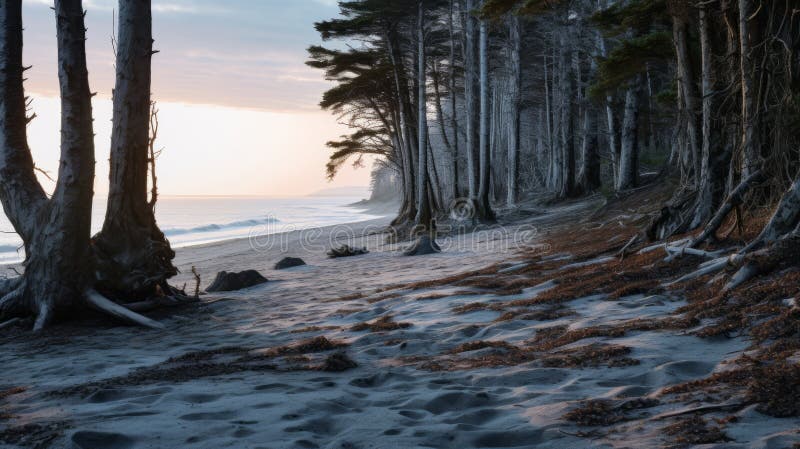 Soft Lighting: Trees and Sand on a Whistlerian Beach Stock Illustration ...