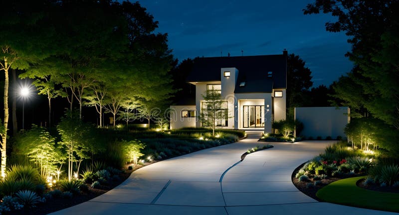 Ai Generated a Beautifully Illuminated House and Driveway at Night ...