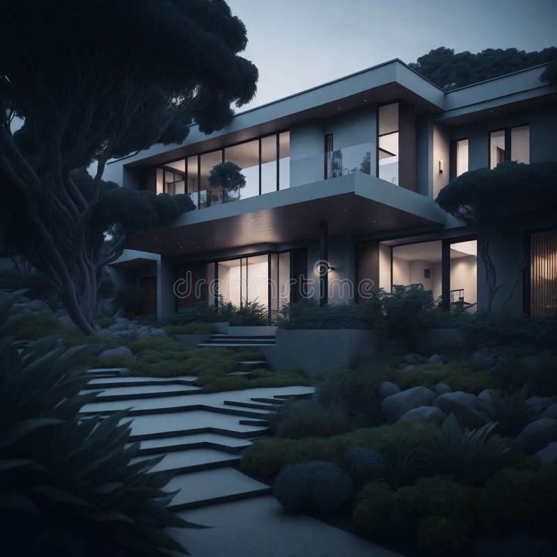 Ai Generated a Beautifully Illuminated House at Night Stock ...