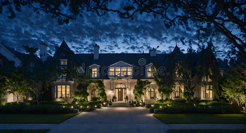 Ai Generated Beautifully Illuminated Mansion at Night Stock ...