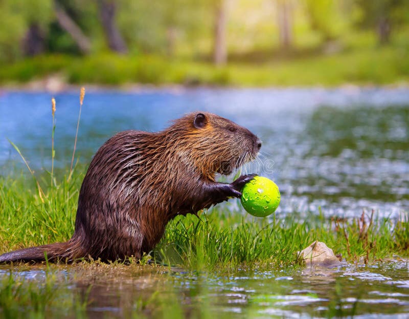 A Photo of a Beaver Playing with a Ball in Nature Stock Illustration ...