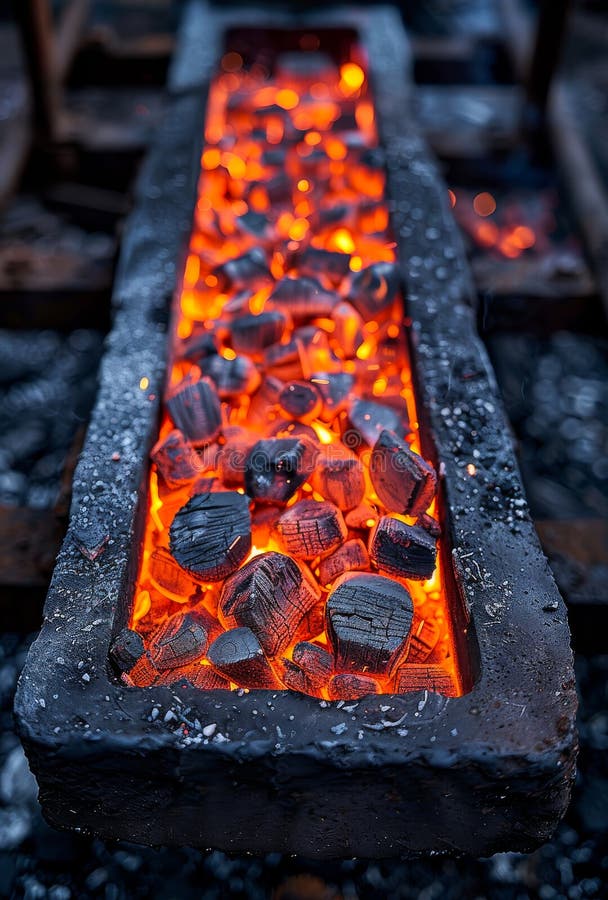 A Photo of Black Coals Being Placed Inside an Iron Forge. Hot Coals and ...