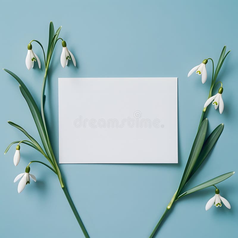 Blank Card with Snowdrop Flowers on Blue Background Stock Illustration ...