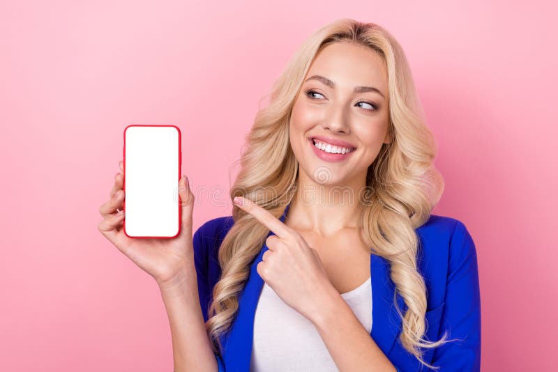 Photo Of Blonde Curly Hair Woman Wear Blue Blazer Direct Finger Display