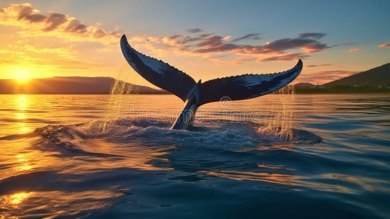 Photo of a Blue Whale Tail Over Water in the Sea at Sunset Stock ...