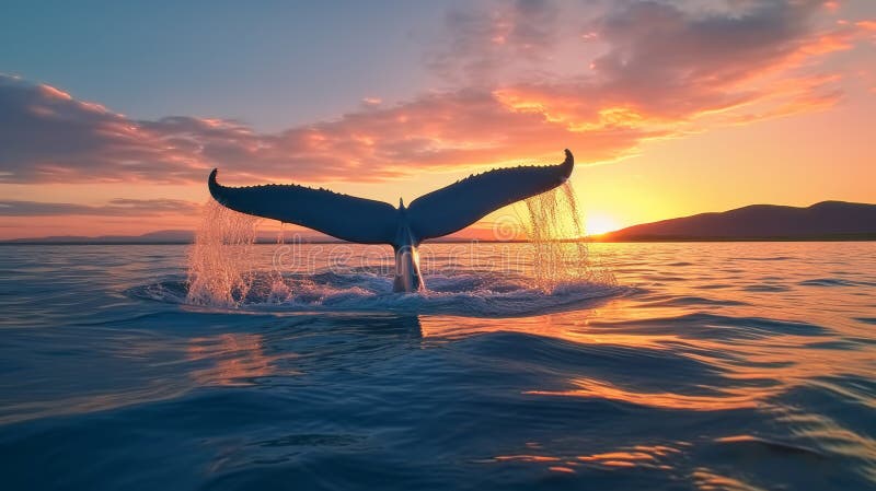 Photo of a Blue Whale Tail Over Water in the Sea at Sunset Stock ...