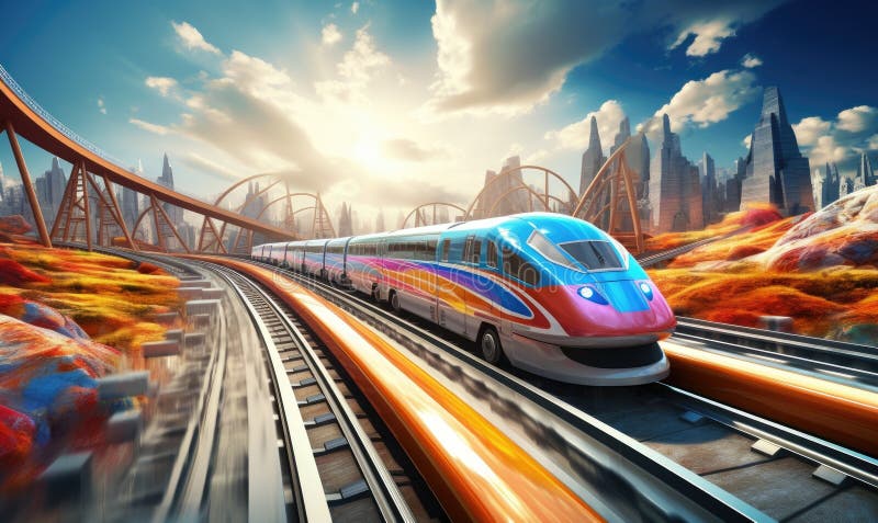 Photo of a Blue and White Train on Train Tracks Stock Illustration ...