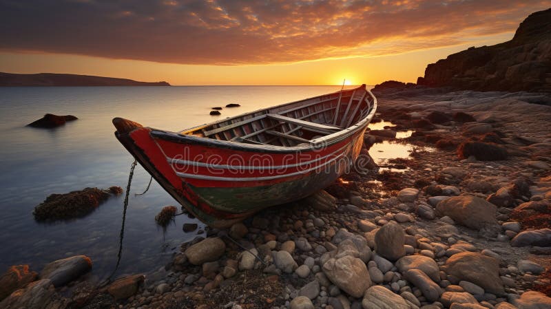 Traditional British Landscape: Small Old Boat at Sunset on Rocks Stock ...