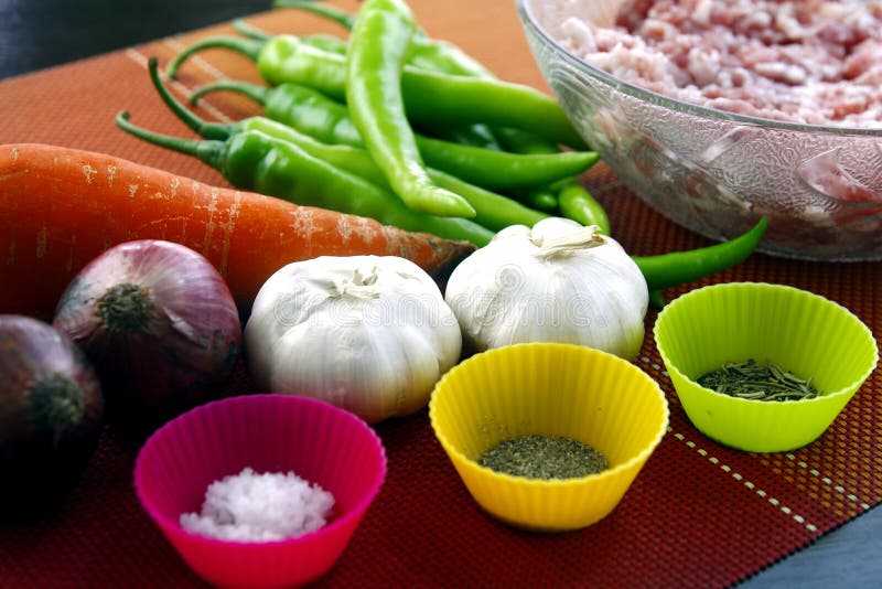 Ground Pork and Assorted Vegetable and Condiments Stock Photo - Image ...