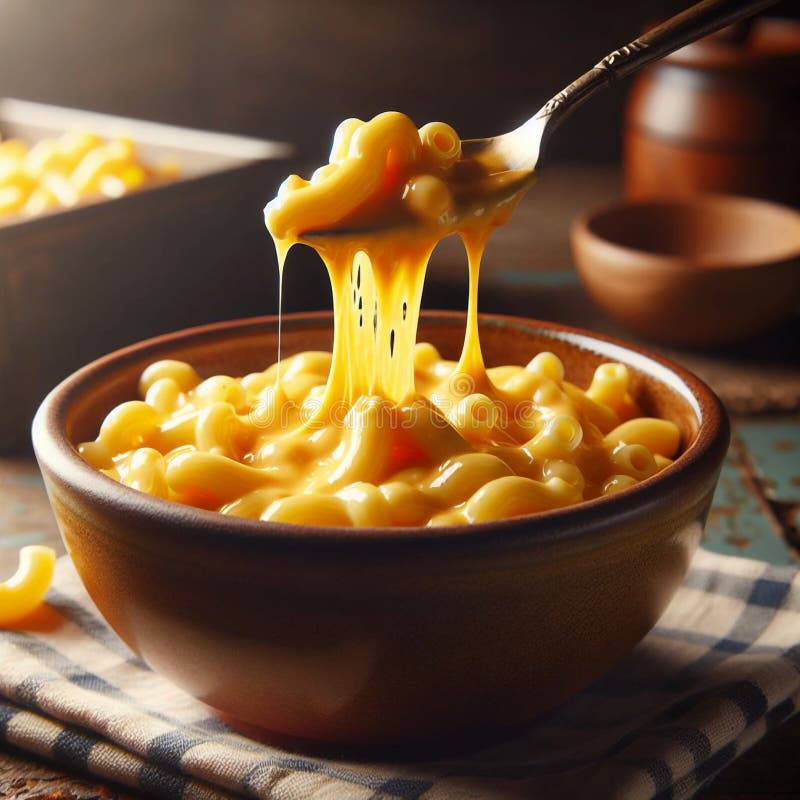 A Photo of a Bowl of Mac and Cheese with a Spoon Lifting a String of ...