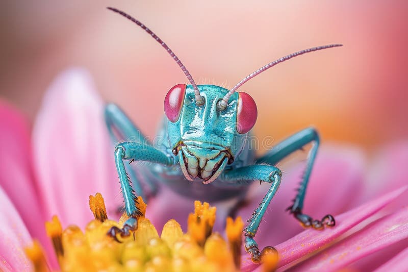 Photo of a Bright Blue Mantis on a Pink Flower for Nature, Science, and ...