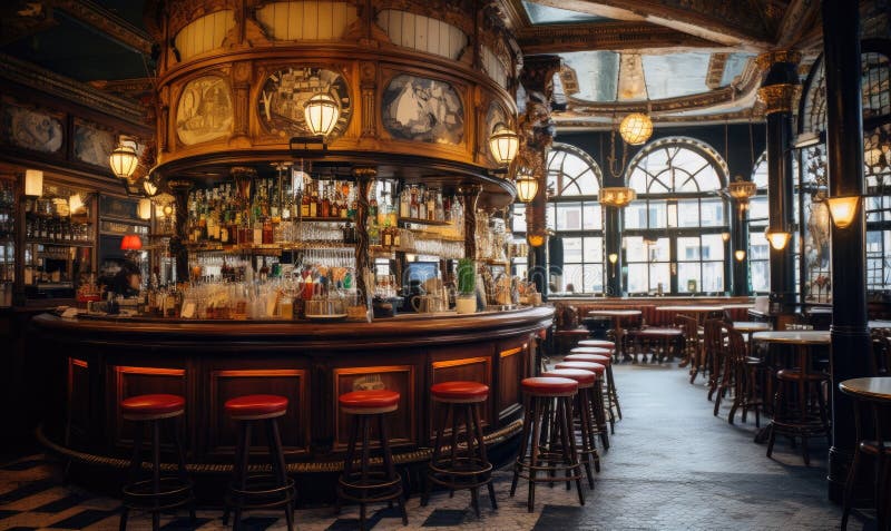 Photo of a Busy Bar with a Clock on the Wall Stock Illustration ...