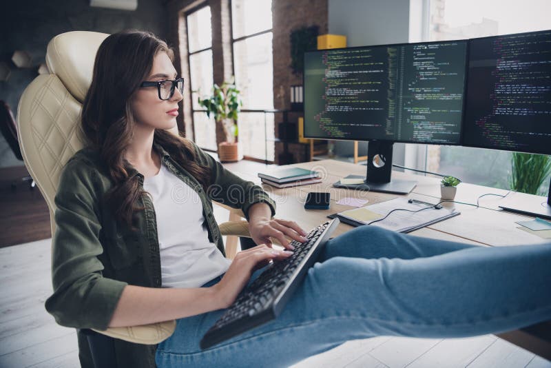 Photo Of Busy Intelligent Lady Coder Wear Spectacles Typing Keyboard Indoors Workplace Workshop