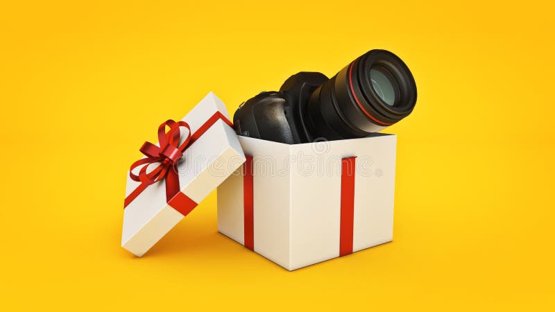 Photo Camera in Gift Box, Gift Box Concept. Stock Illustration ...