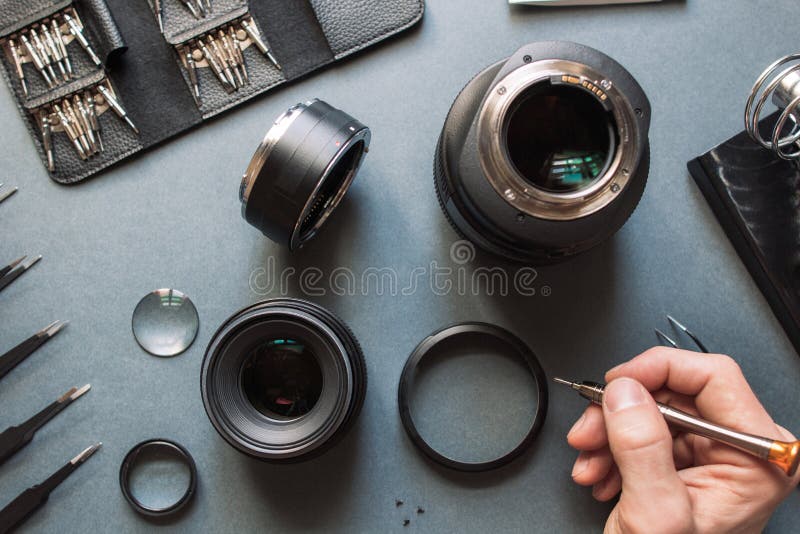 Photo Camera Lens Repair Set. Engineer Maintenance Stock Photo - Image ...