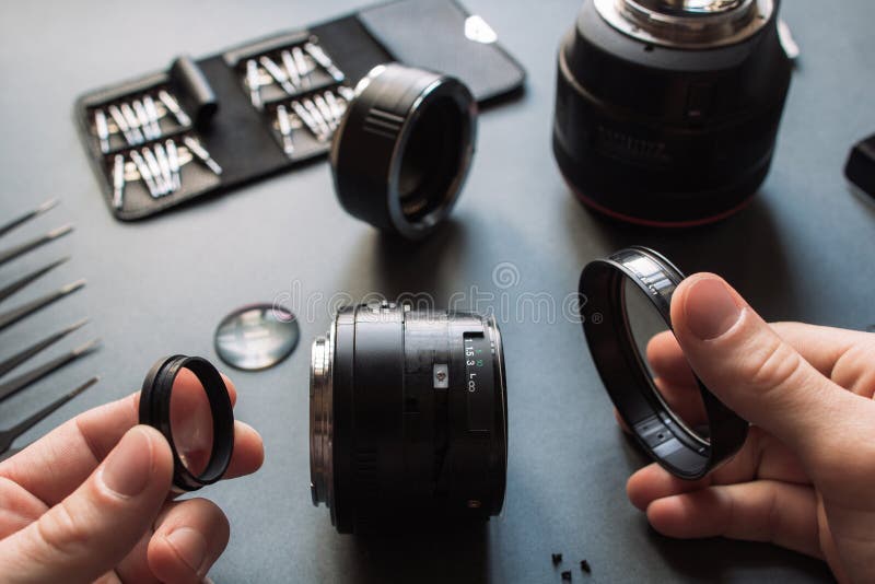 Photo Camera Lens Repair Set. Technician Engineer Stock Image - Image ...
