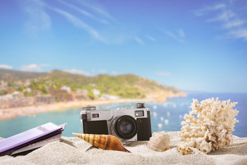 Photo Camera with Passports and Seashells on Sand Beach at Resort Stock ...
