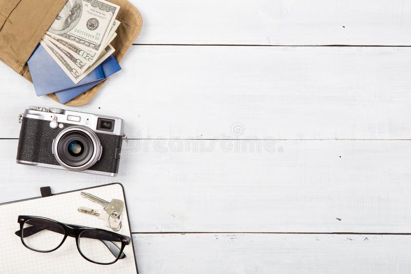 Photo Camera and Set of Cool Stuff on Wooden Background Stock Photo ...