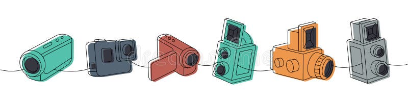 Photo Camera Set One Line Colored Continuous Drawing. Professional ...