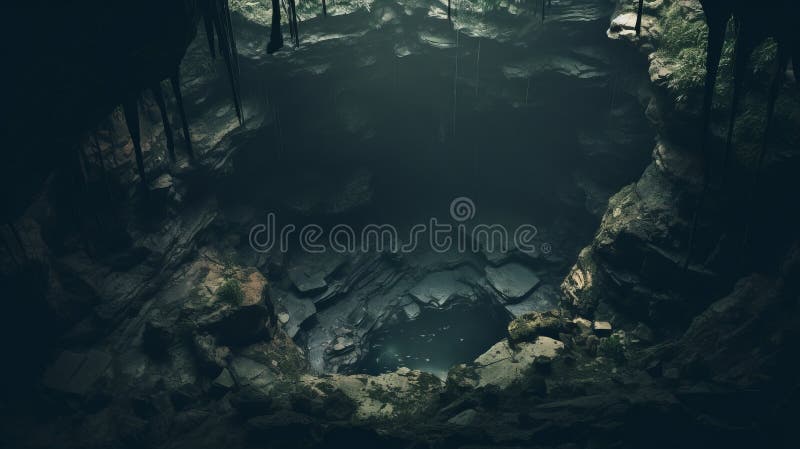 Aerial View of Enigmatic Cave with Waterfall and Dystopian Atmosphere ...