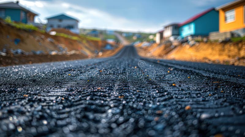 Newly Laid Asphalt Road in Progress for Urban Development Stock ...