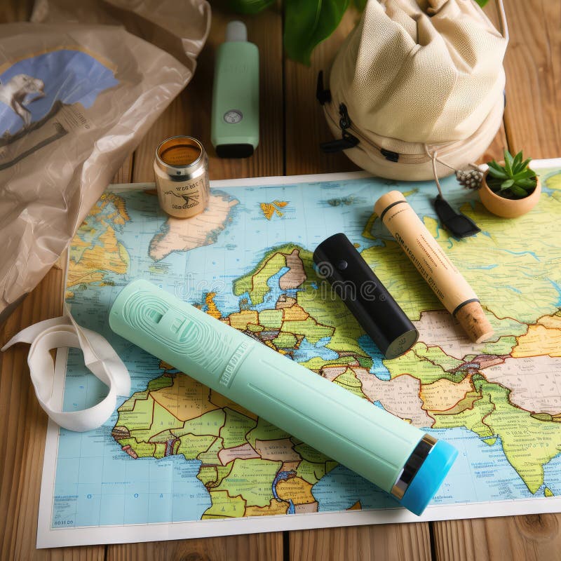 Map, Pen, Scissors, and Other Items on a Flat Surface for Planning and ...
