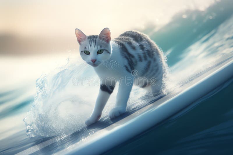 Cat Riding Wave with Surf Board Ai Generated Stock Illustration ...