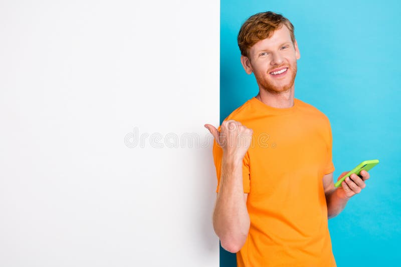 Photo Of Ceo Red Hair Guy Index Telephone Wear Orange T Shirt Isolated