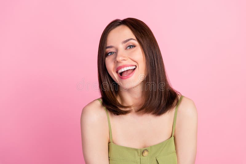 Photo Of Cheerful Positive Attractive Girl With Bob Hairdo Wear Khaki