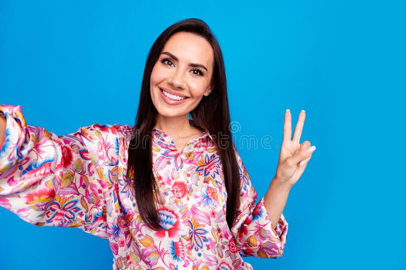 Photo Of Cheerful Positive Lady Dressed Print Blouse Tacking Selfie