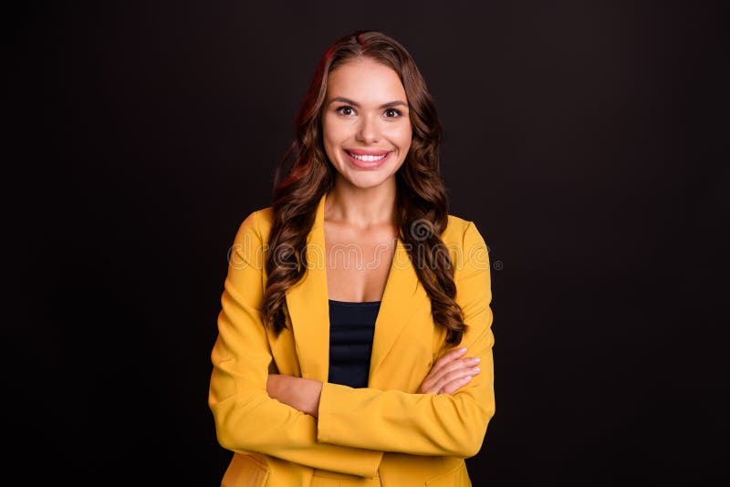 Photo of Cheerful Positive Young Woman Dressed Yellow Blazer Hands ... Photo of Cheerful Positive Young Woman Dressed Yellow Blazer Hands ...